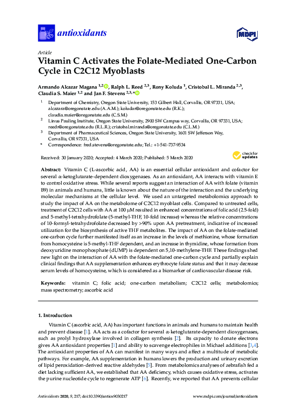 (PDF) Vitamin C Activates the Folate-Mediated One-Carbon Cycle in C2C12 ...