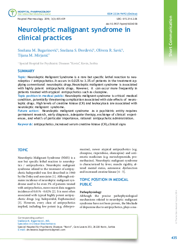 (PDF) Neuroleptic malignant syndrome in clinical practices