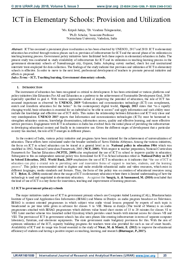 (DOC) ICT in Elementary Schools: Provision and Utilization