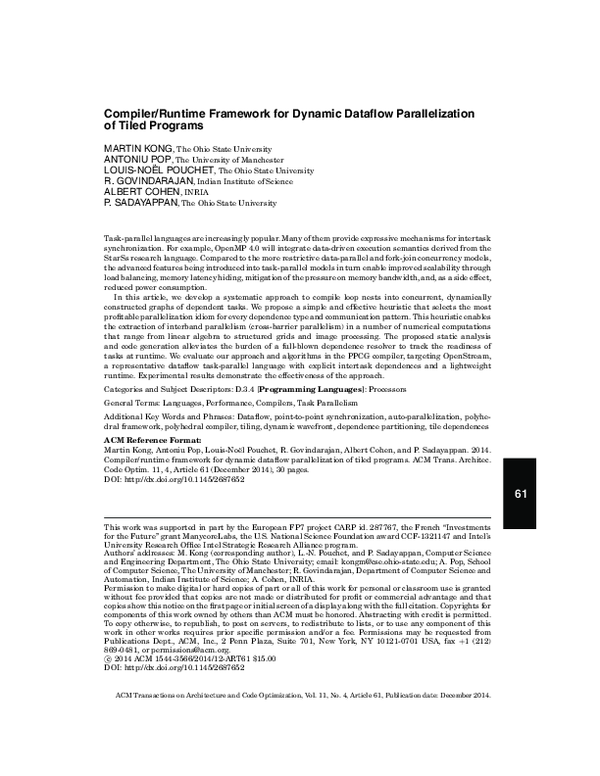 Pdf Compiler Runtime Framework For Dynamic Dataflow Parallelization Of Tiled Programs