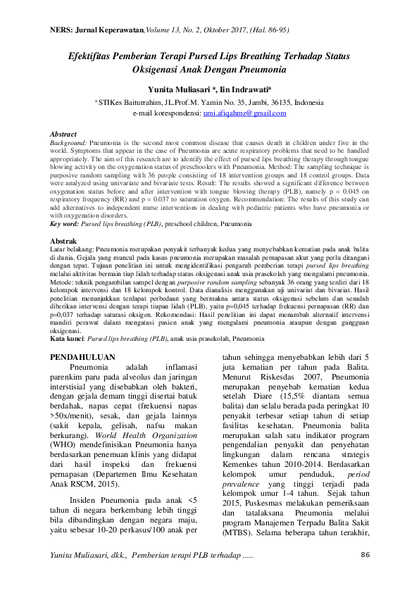 (PDF) Efektifitas Pemberian Terapi Pursed Lips Breathing Terhadap Status Oksigenasi Anak Dengan ...