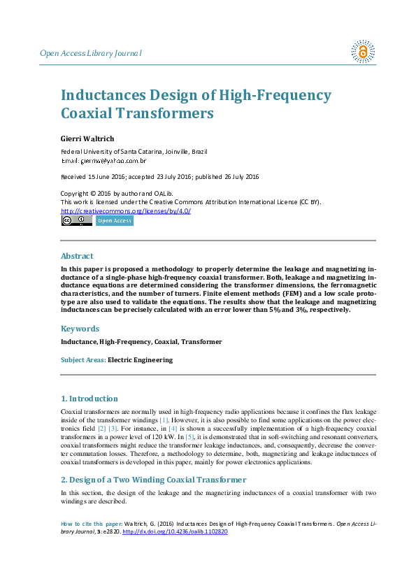 (PDF) Inductances Design of High-Frequency Coaxial Transformers