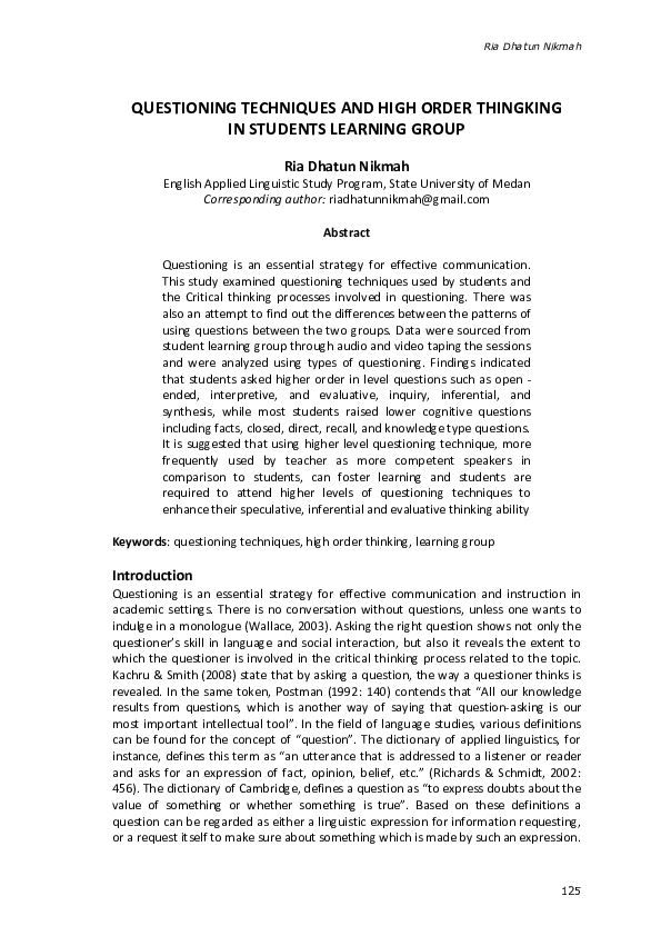 (PDF) Questioning Techniques and High Order Thingking in Students ...