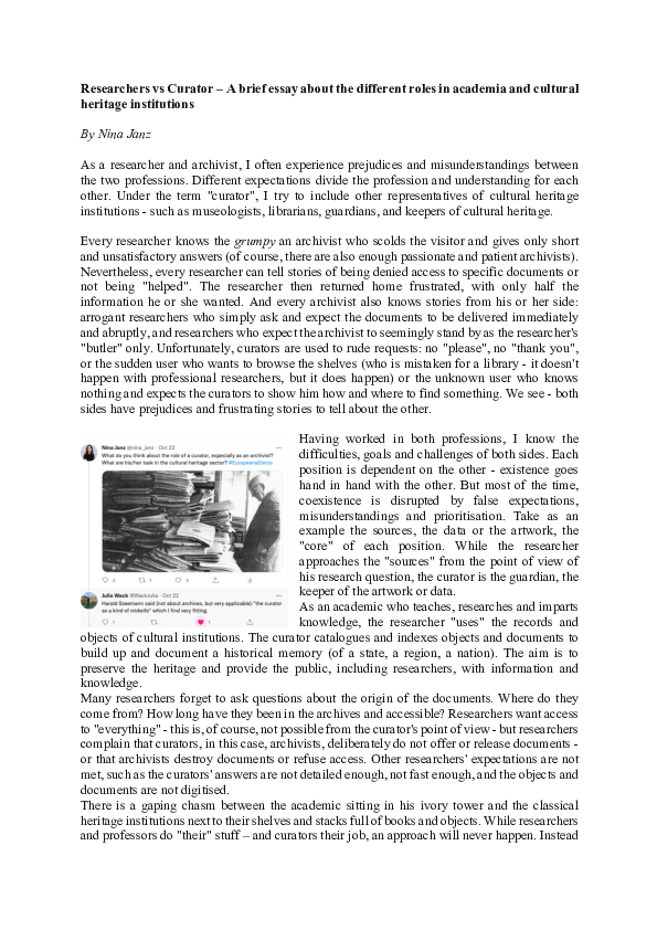 (PDF) Researchers vs Curator -A brief essay about the different roles ...