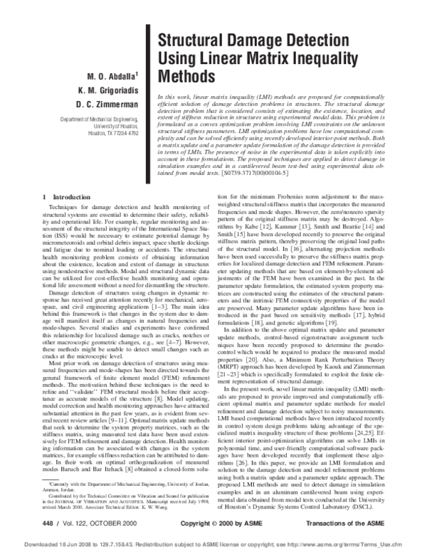 (PDF) Structural Damage Detection Using Linear Matrix Inequality Methods (PDF) Structural Damage Detection Using Linear Matrix Inequality Methods
