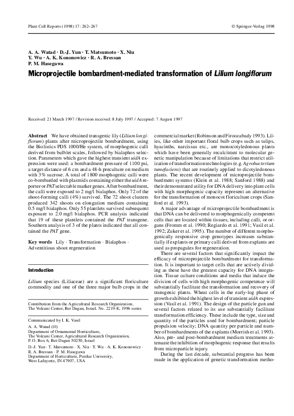 (PDF) Microprojectile bombardment-mediated transformation of Lilium ...