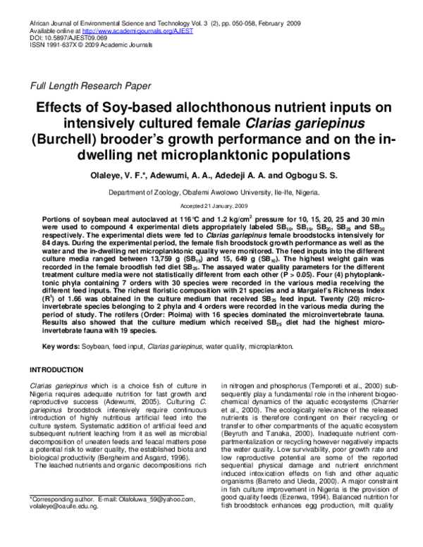 (PDF) Effects of Soy-based allochthonous nutrient inputs on intensively ...