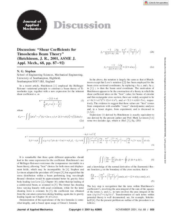 (PDF) Discussion: “Shear Coefficients for Timoshenko Beam Theory ...