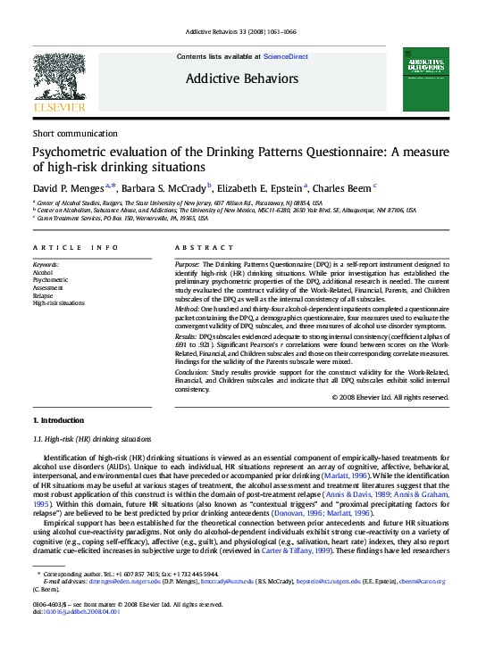 (PDF) Psychometric evaluation of the Drinking Patterns Questionnaire: A ...