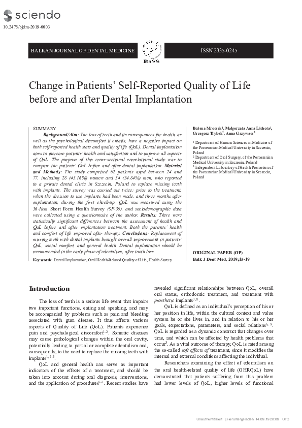 (PDF) Change in Patients’ Self-Reported Quality of Life before and ...