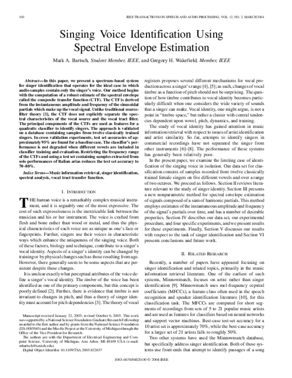 (PDF) Singing Voice Identification Using Spectral Envelope Estimation