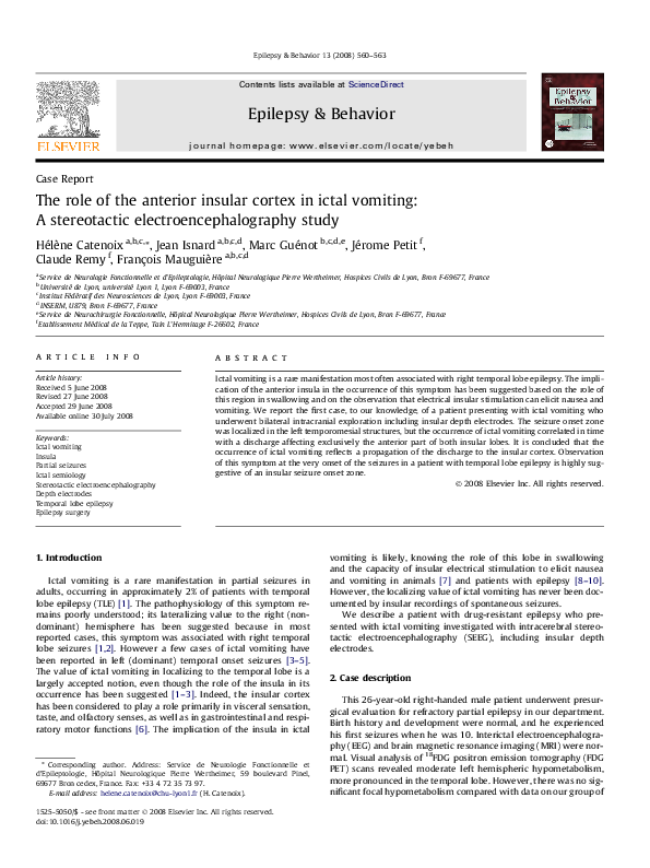 (PDF) The role of the anterior insular cortex in ictal vomiting: A ...