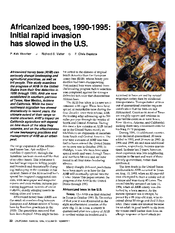 (PDF) Africanized bees, 1990–1995: Initial rapid invasion has slowed in ...