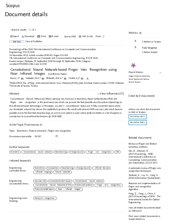 Pdf Convolutional Neural Network Based Finger Vein Recognition Using Near Infrared Images