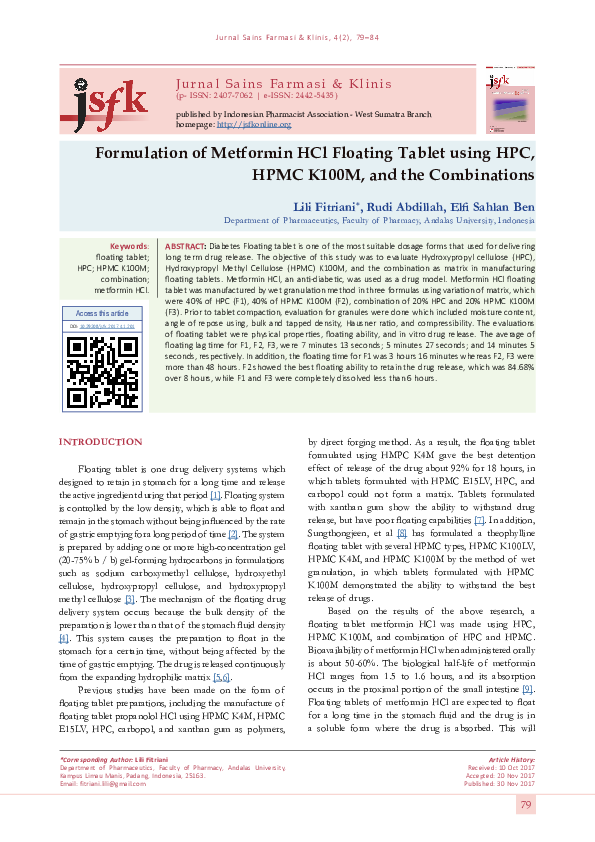 (PDF) Formulation of Metformin HCl Floating Tablet using HPC, HPMC K100M, and the Combinations