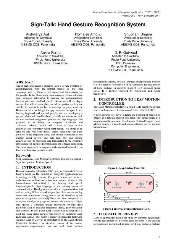 (PDF) Sign-Talk: Hand Gesture Recognition System