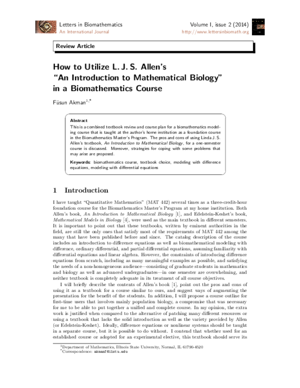 (PDF) How to Utilize L. J. S. Allen’s “An Introduction to Mathematical Biology” in a ...