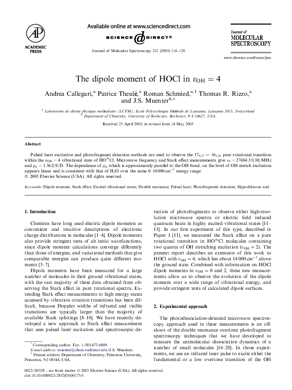 (PDF) The dipole moment of HOCl in vOH=4