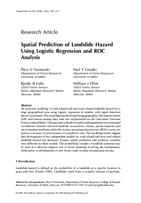 (PDF) Spatial Prediction of Landslide Hazard Using Logistic Regression and ROC Analysis