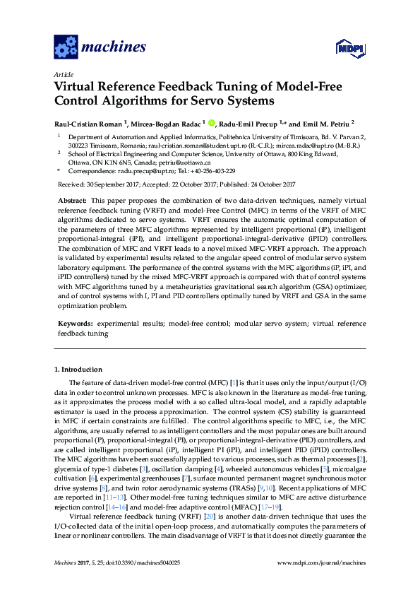 (PDF) Virtual Reference Feedback Tuning of Model-Free Control Algorithms for Servo Systems