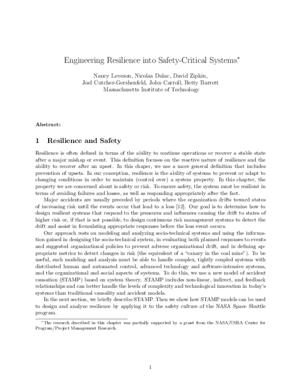 (PDF) Engineering Resilience into Safety-Critical Systems