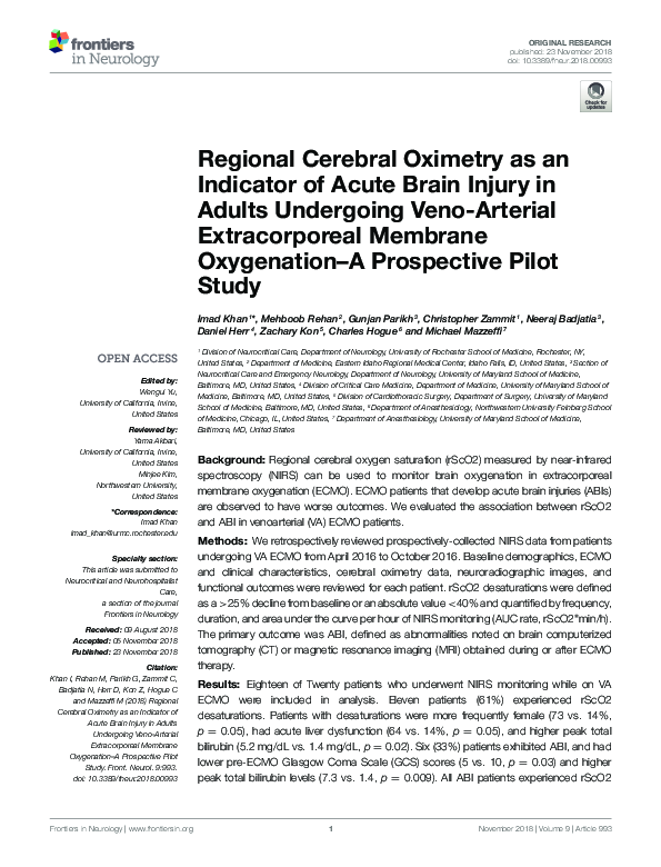 (PDF) Regional Cerebral Oximetry as an Indicator of Acute Brain Injury ...
