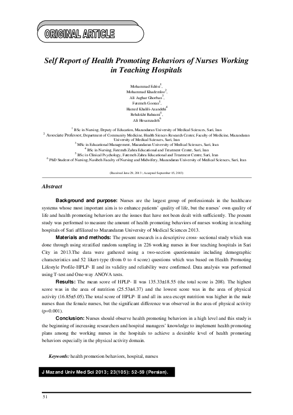 (PDF) Self report of health promoting behaviors of nurses working in ...