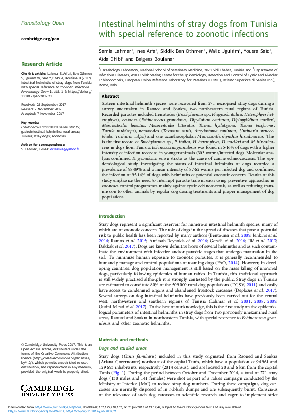 (PDF) Intestinal helminths of stray dogs from Tunisia with special ...