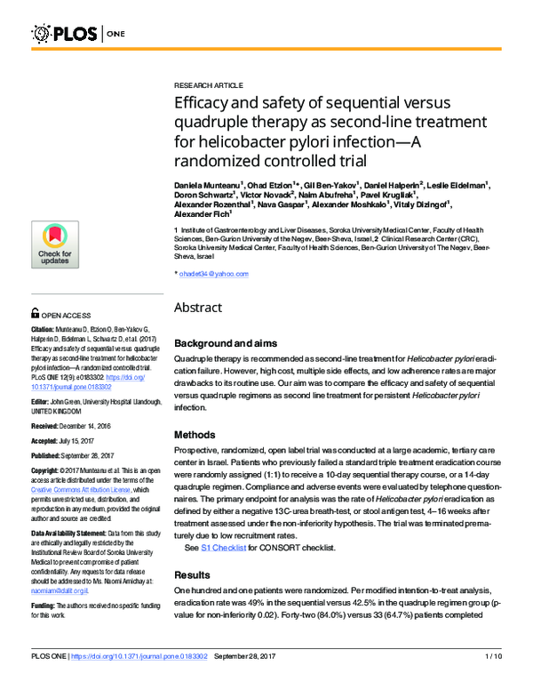 Efficacy and safety of sequential versus quadruple therapy as second ...