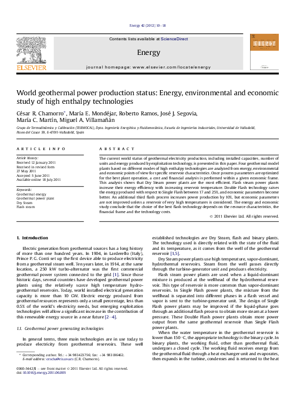 (PDF) World geothermal power production status: Energy, environmental ...