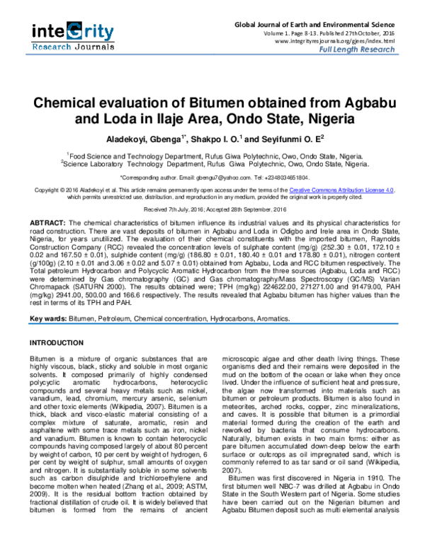 (PDF) Chemical evaluation of bitumen obtained from Agbabu and Loda in ...