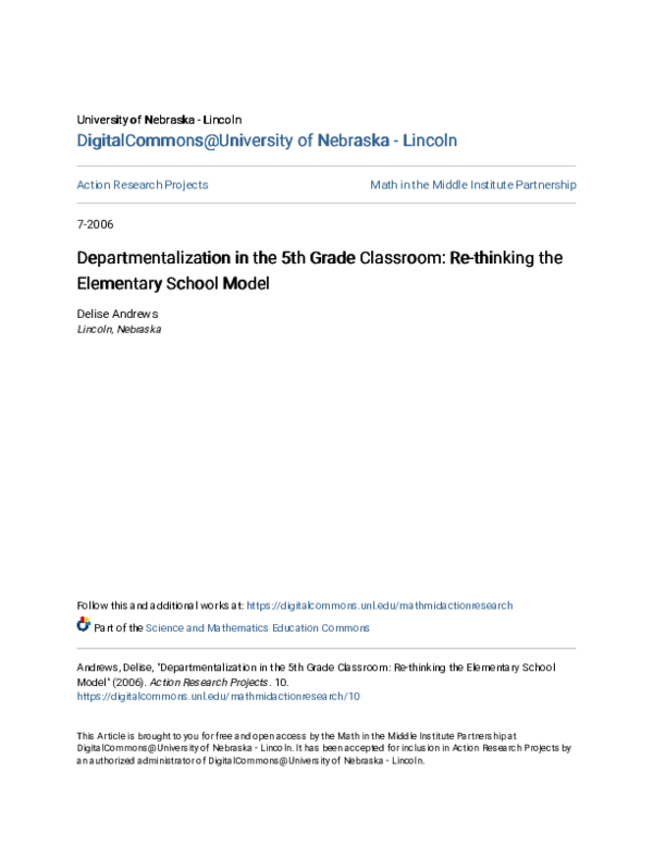 (PDF) Departmentalization in the 5th Grade Classroom: Re-thinking the ...