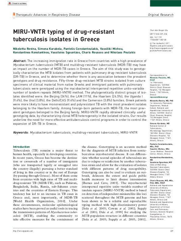 (PDF) MIRU-VNTR typing of drug-resistant tuberculosis isolates in Greece