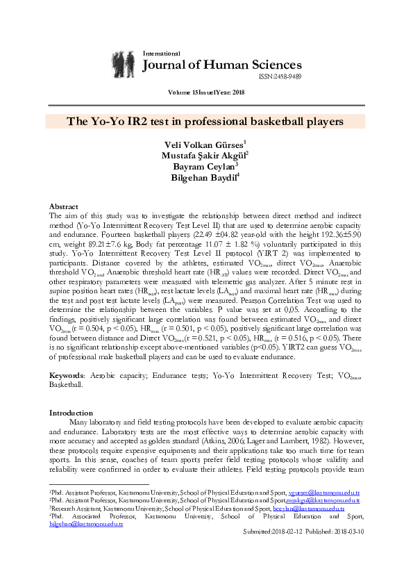 (PDF) The Yo-Yo IR2 test in professional basketball players