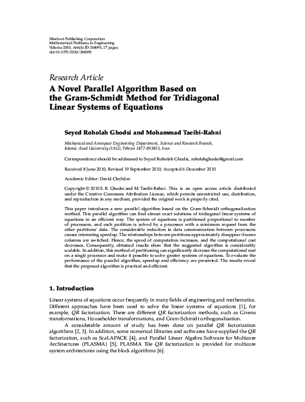 Pdf A Novel Parallel Algorithm Based On The Gram Schmidt Method For Tridiagonal Linear Systems