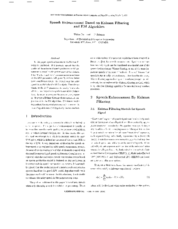 Pdf Speech Enhancement Based On Kalman Filtering And Em Algorithm