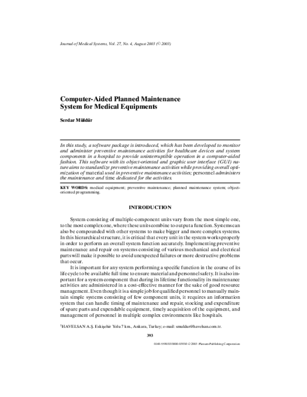 (PDF) Computer-aided planned maintenance system for medical equipments