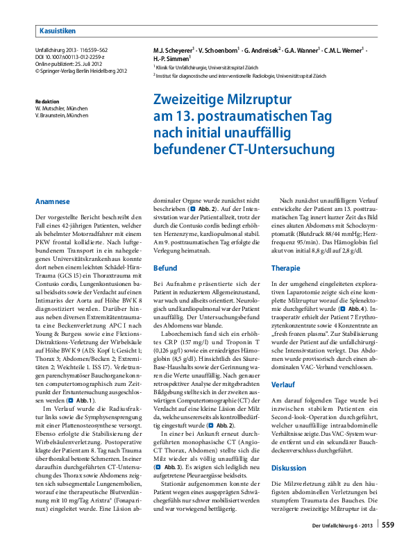 (PDF) Zweizeitige Milzruptur am 13. postraumatischen Tag nach initial ...