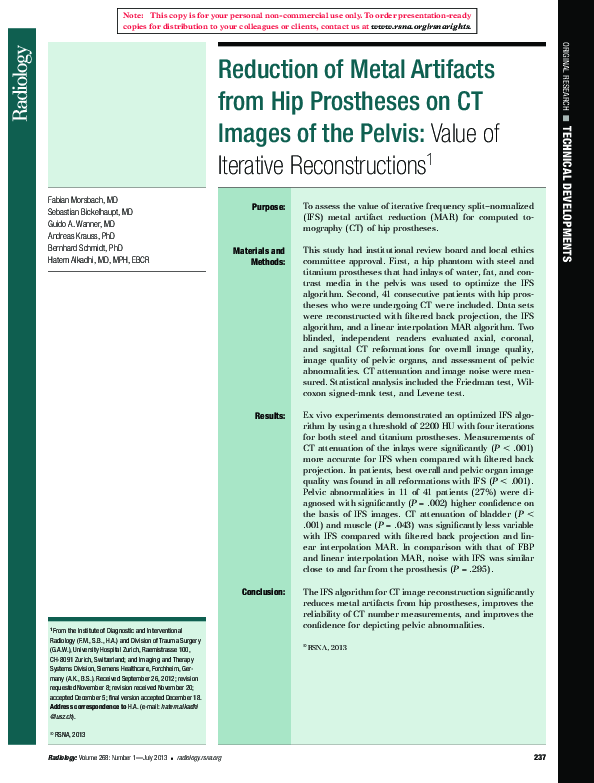 (PDF) Reduction of Metal Artifacts from Hip Prostheses on CT Images of ...