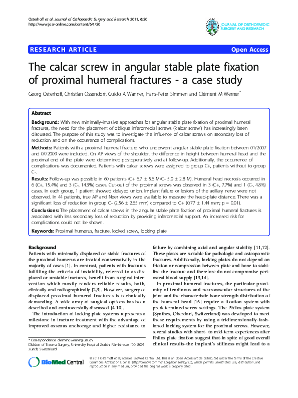 (PDF) The calcar screw in angular stable plate fixation of proximal ...