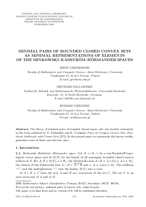 (PDF) Minimal pairs of bounded closed convex sets as minimal representations of elements of the ...