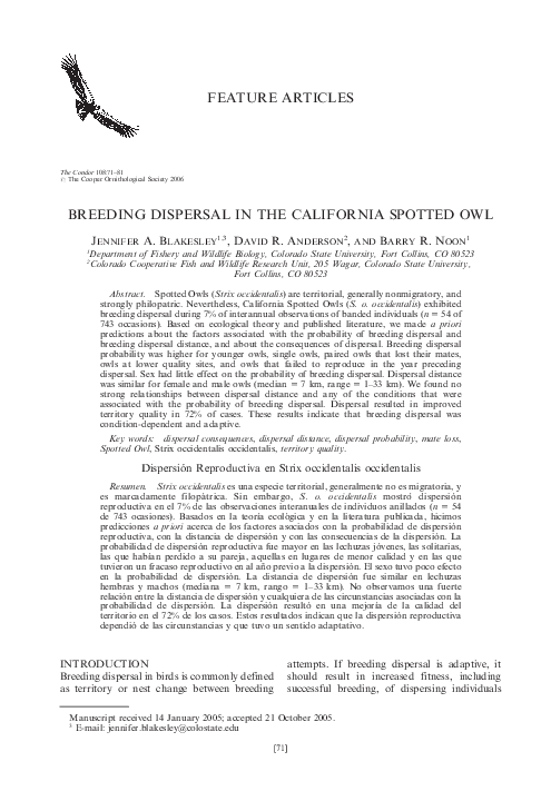 (PDF) Breeding Dispersal In the California Spotted Owl