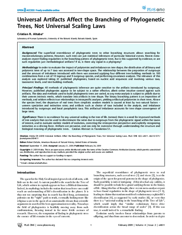 (PDF) Universal Artifacts Affect the Branching of Phylogenetic Trees, Not Universal Scaling Laws
