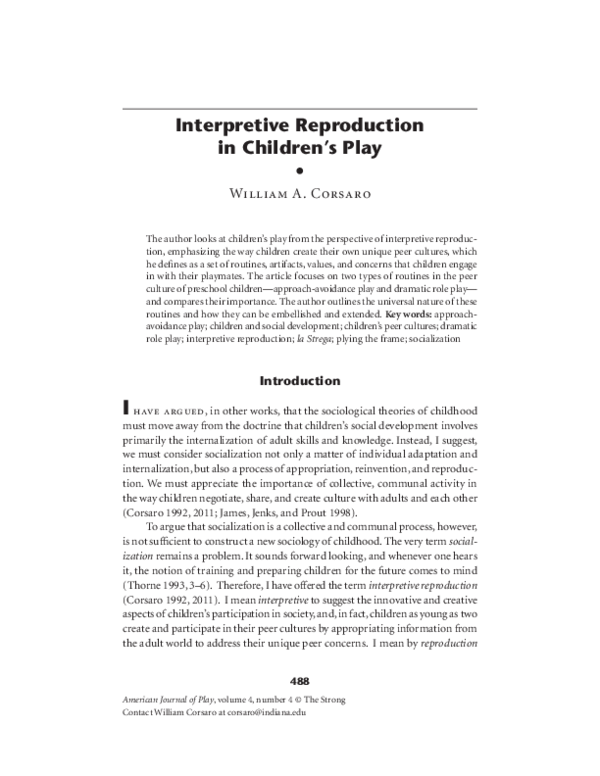 (PDF) Interpretive Reproduction in Children's Play