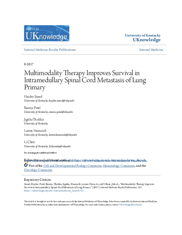 (PDF) Multimodality therapy improves survival in intramedullary spinal cord metastasis of lung ...