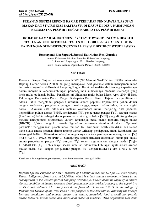 (PDF) Peranan Sistem Repong Damar Terhadap Pendapatan, Asupan Makan Dan ...