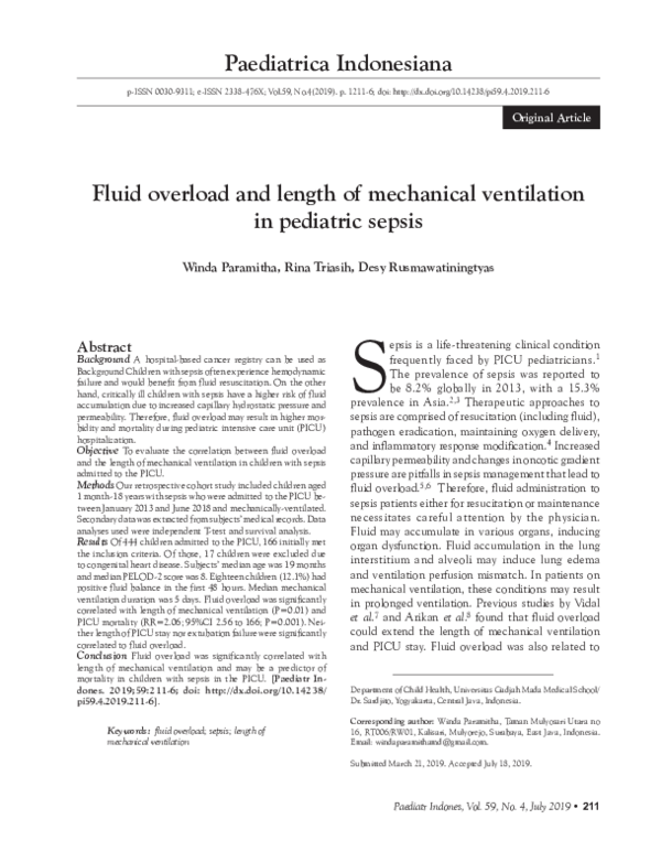 (PDF) Fluid overload and length of mechanical ventilation in pediatric ...