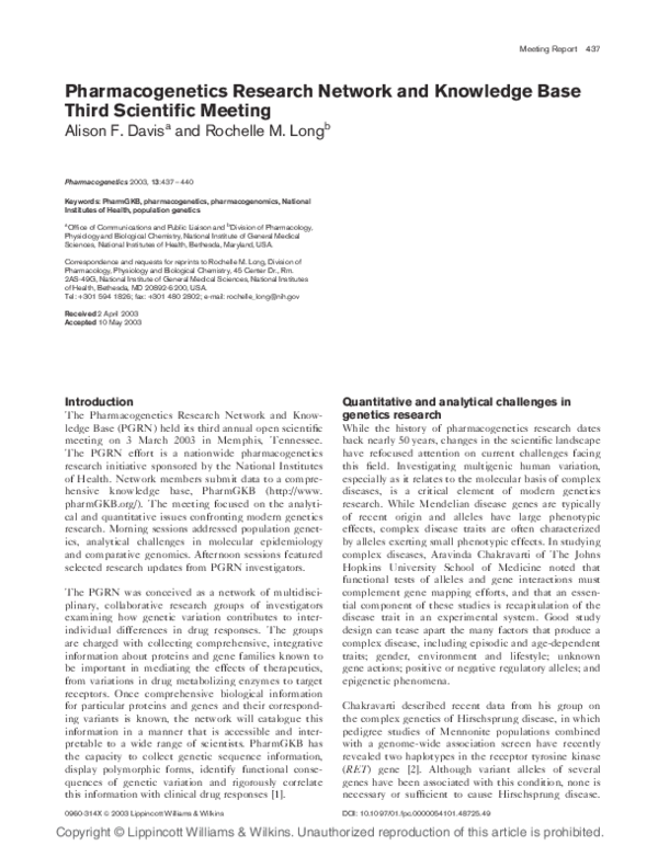 (PDF) Pharmacogenetics Research Network and Knowledge Base Third Scientific Meeting