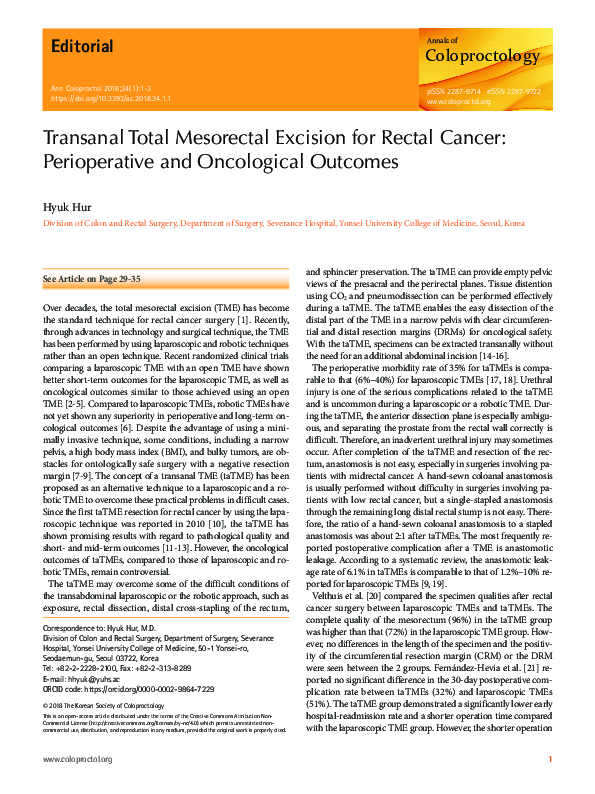 (PDF) Transanal Total Mesorectal Excision for Rectal Cancer: Perioperative and Oncological Outcomes