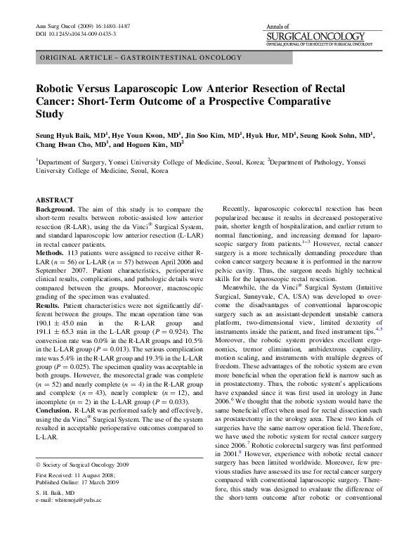 (PDF) Robotic Versus Laparoscopic Low Anterior Resection of Rectal Cancer: Short-Term Outcome of ...